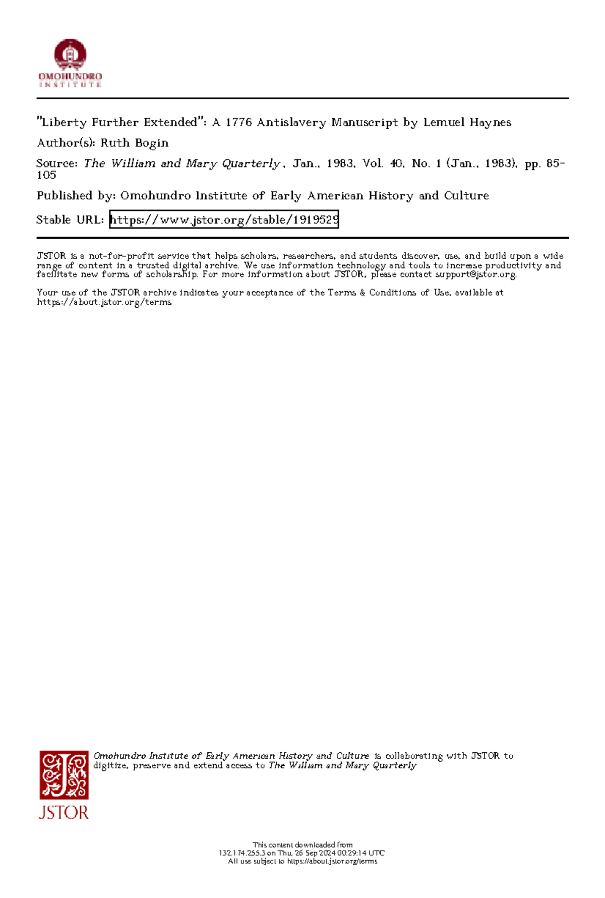 Liberty Further Extended: Analyzing Lemuel Haynes' 1776 Antislavery ...