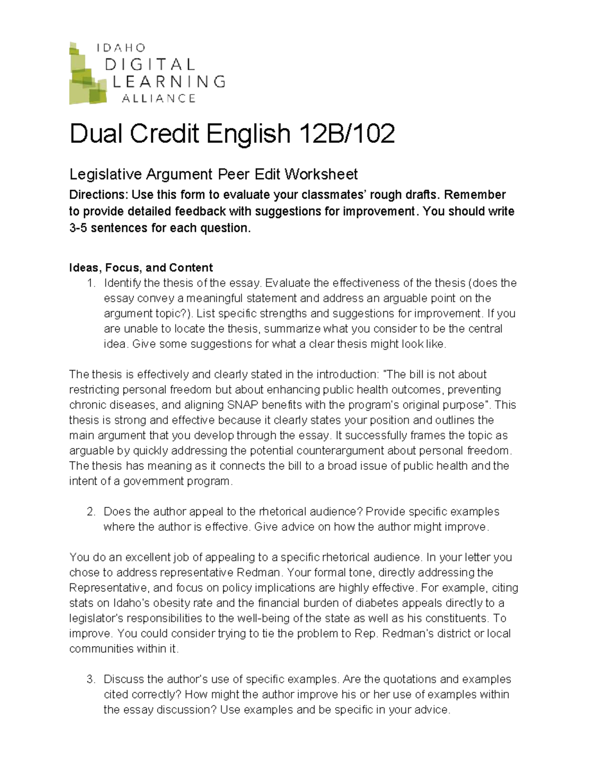 Dual Credit English (ENG 101) Legislative Argument Peer Review Guide ...