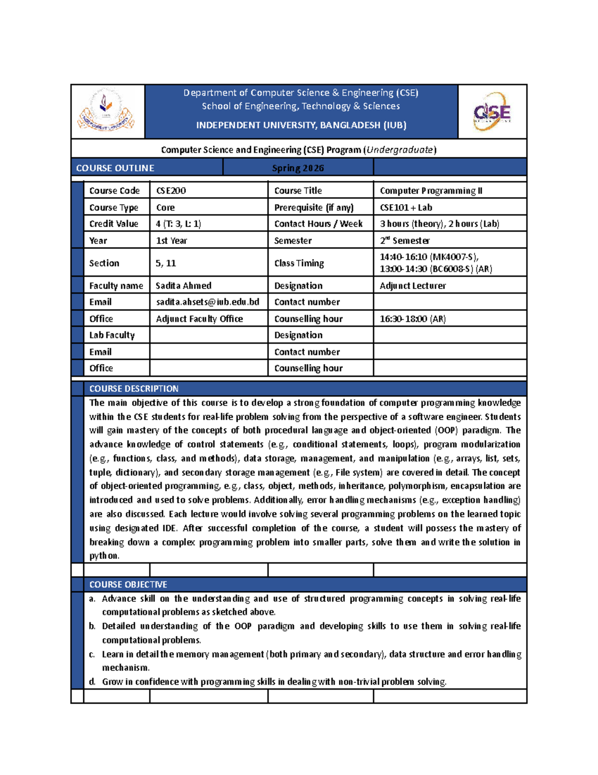 CSE200 - Computer Programming II Lab Course Outline Spring 2026 - Studocu