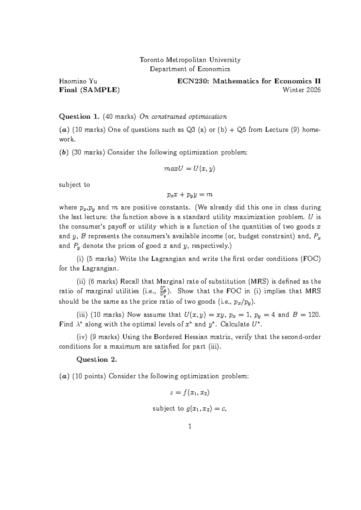 Sample Final Exam for ECN230: Mathematics for Economics II Winter 2026 ...