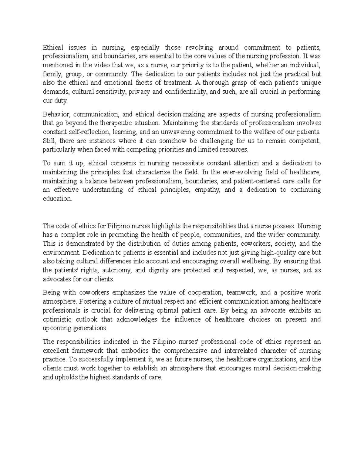 Ethical Issues in Nursing: Commitment, Professionalism, and Care - Studocu