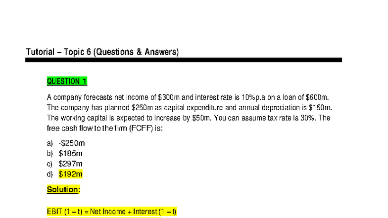 Tutorial (Q&A) Topic 6 – Valuing Equity Analysis - Studocu