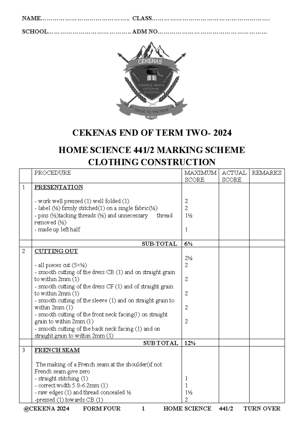 ADM 2024 HOME SCIENCE PAPER 2 MARKING SCHEME - Studocu