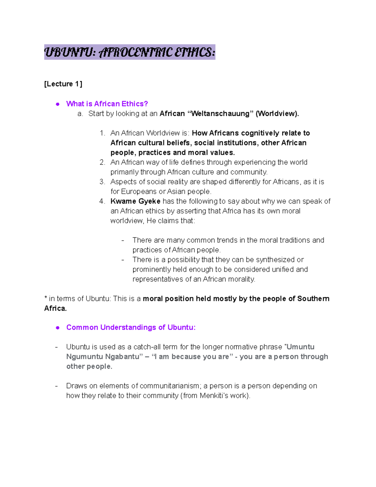 Ubuntu AFROCENTRIC Ethics: Key Claims & Moral Principles from Lecture 1 ...