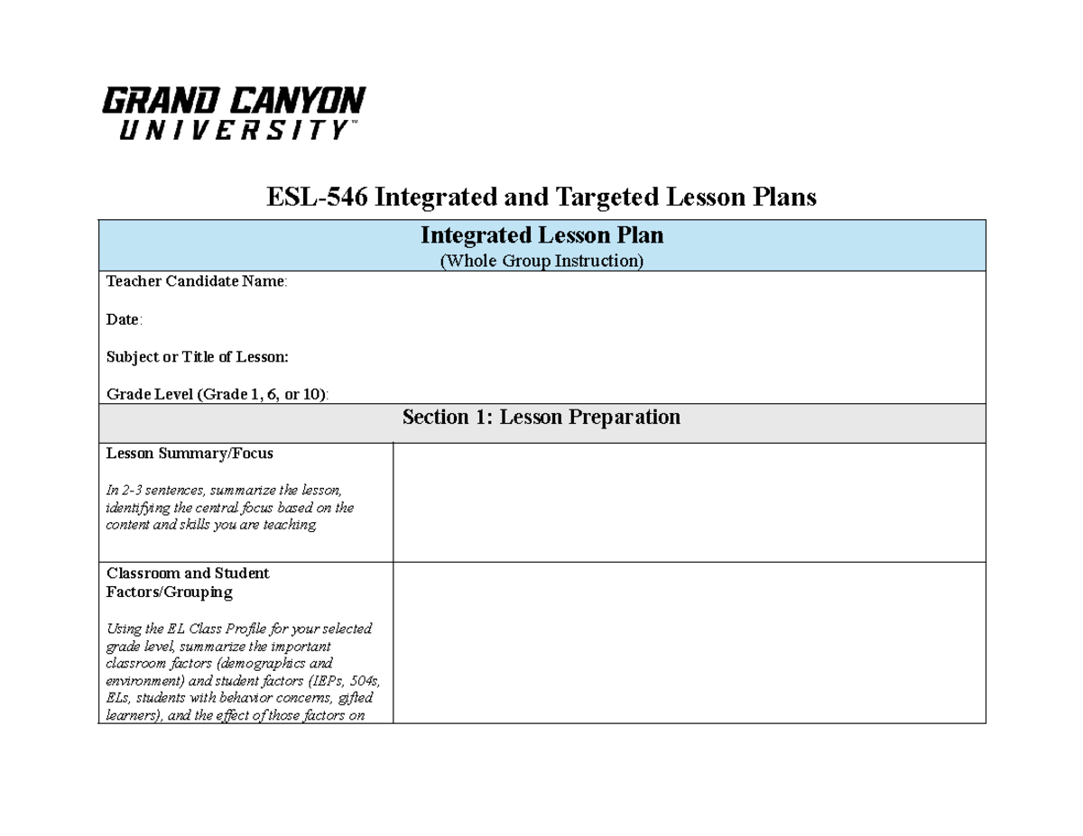 ESL-546-RS-T4-Integrated Lesson Plans for Grades 1, 6, and 10 - Studocu