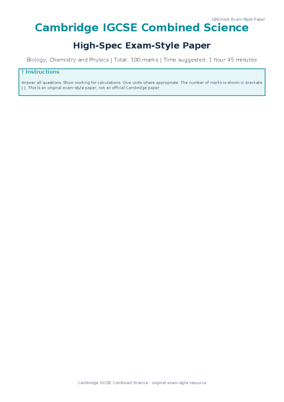 Cambridge IGCSE Combined Science 100 Mark Exam Style Paper - Studocu