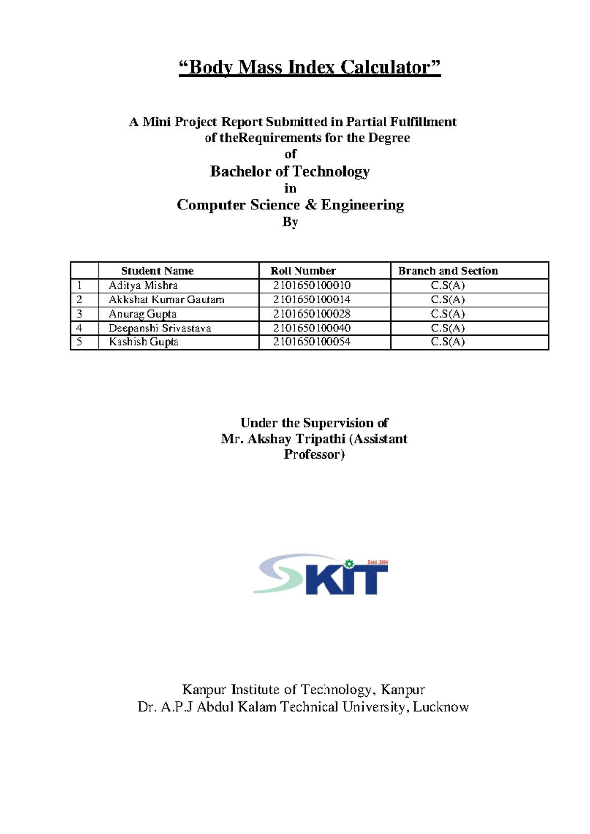 B.Tech Mini Project Report: Body Mass Index (BMI) Calculator 2023-24 - Studocu