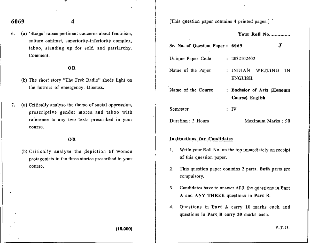 Indian Writing in English - Question Paper 6069 (BA Hons) - Studocu