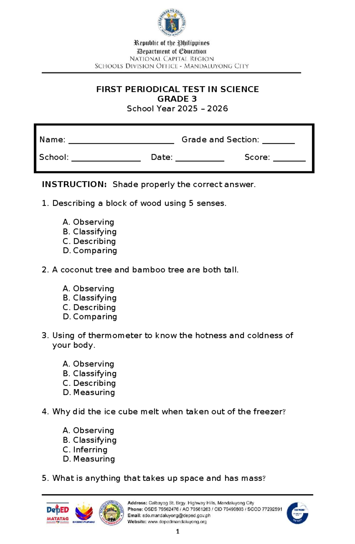1st Periodical Test in Science - Grade 3 Q1 SY 2025-2026 - Studocu