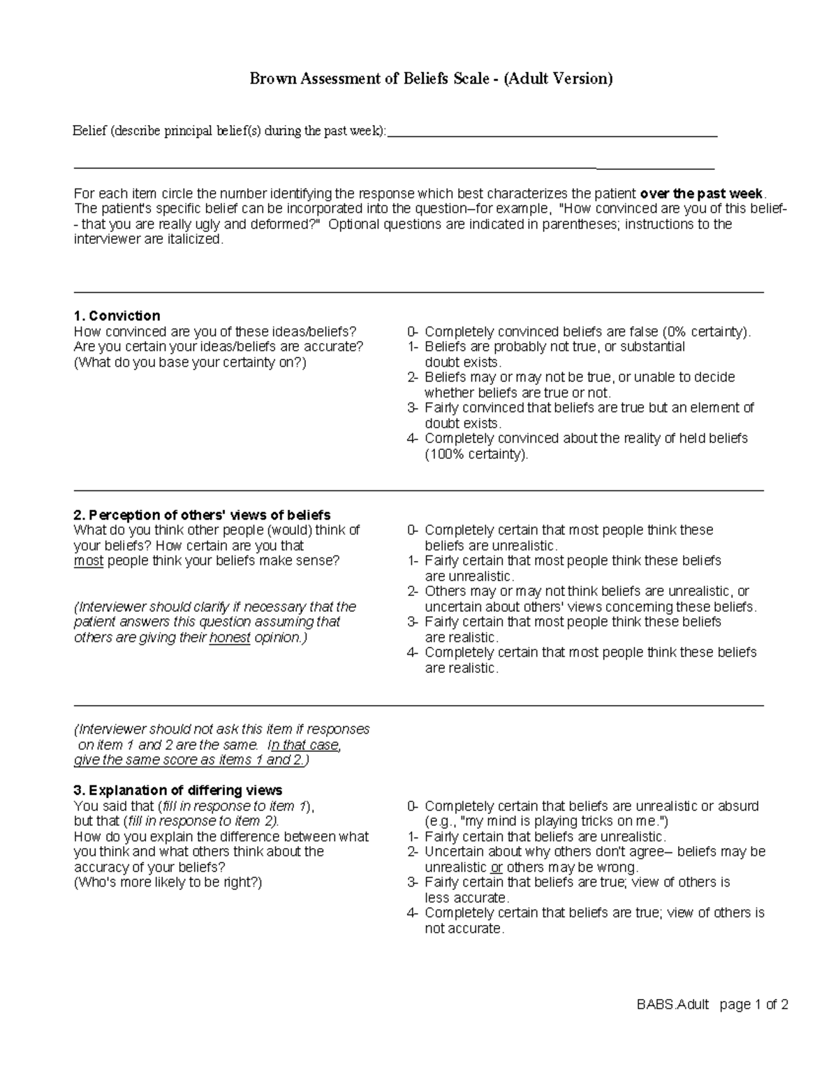 BABS - Brown Assessment of Beliefs Scale (Adult Version) Test Guide ...