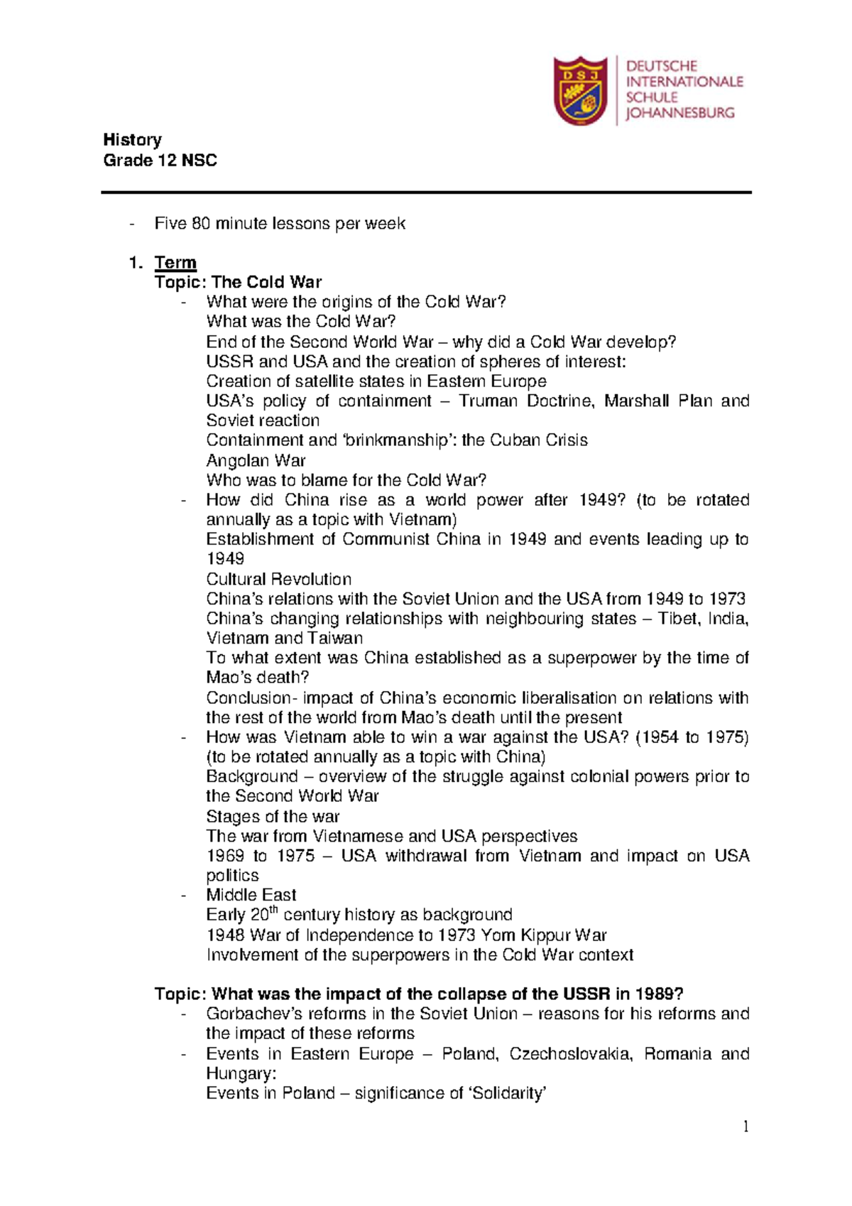 History Grade 12 NSC - Cold War & Globalisation Notes - Studocu