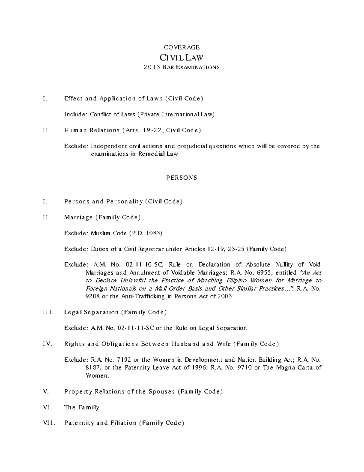 2013 Bar Exam Coverage: Civil Law Syllabus and Exclusions - Studocu