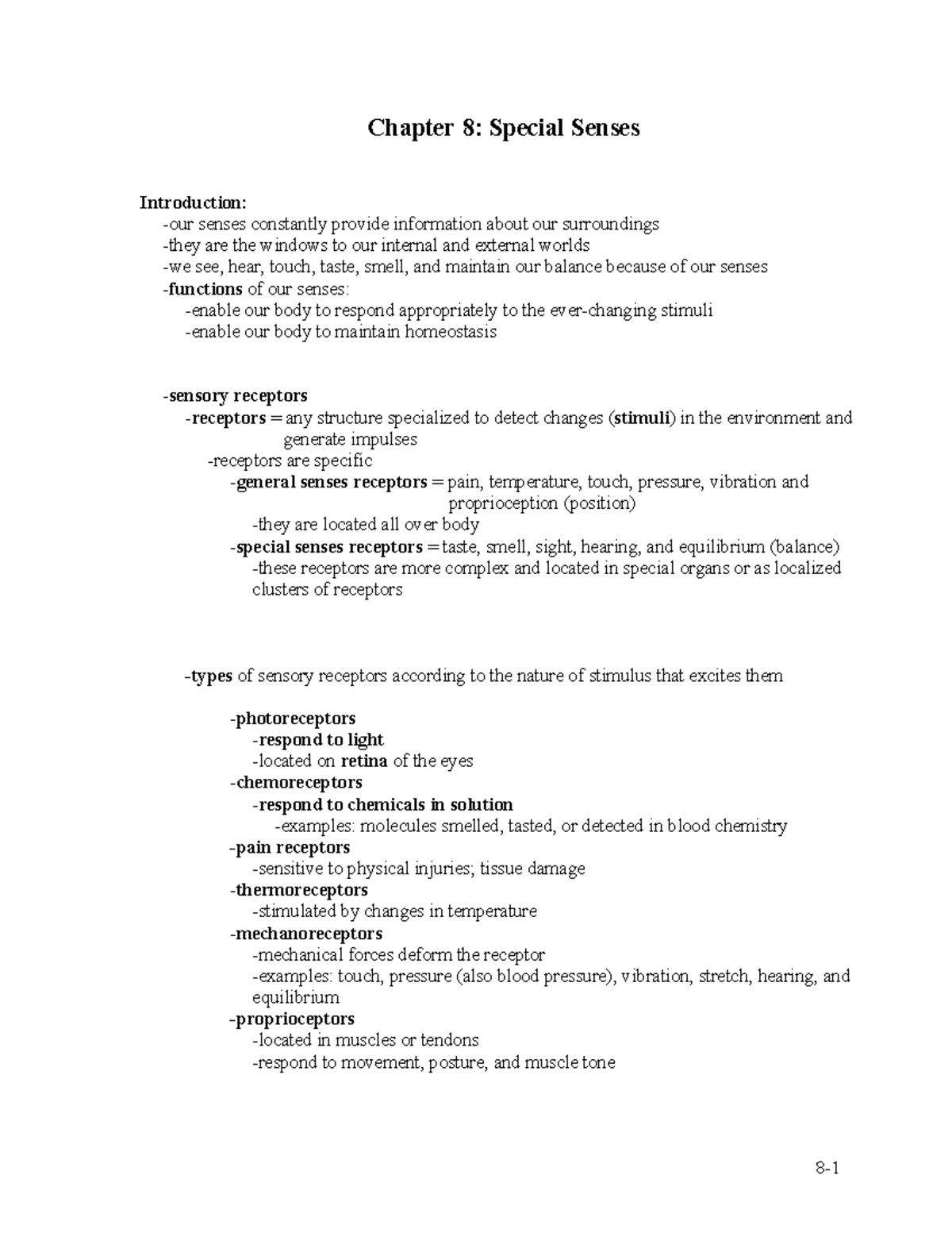 Bio 112 Chapter 8: Overview of Special Senses and Their Functions - Studocu