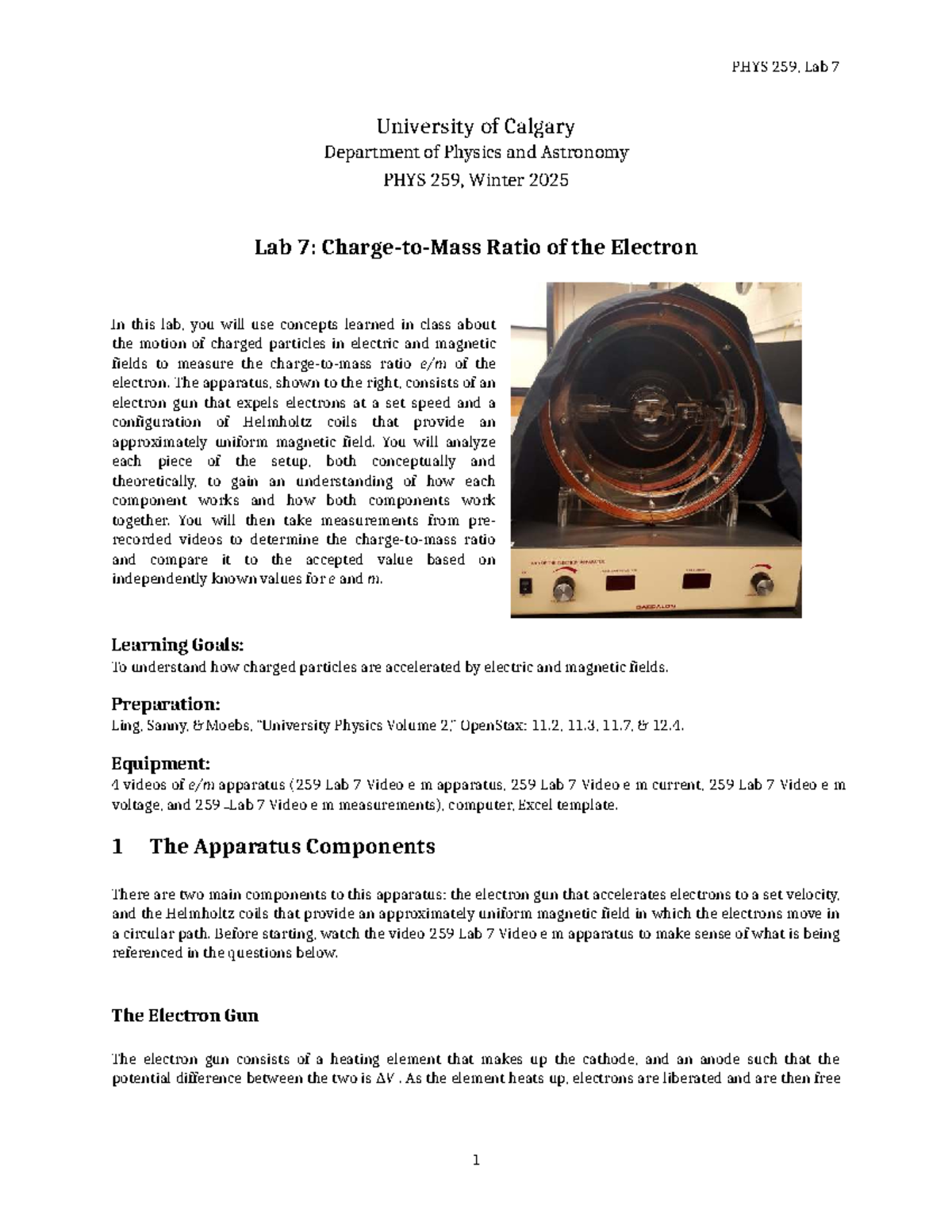 PHYS 259 W2025 - Lab 07: Measuring the Electron Charge-to-Mass Ratio ...