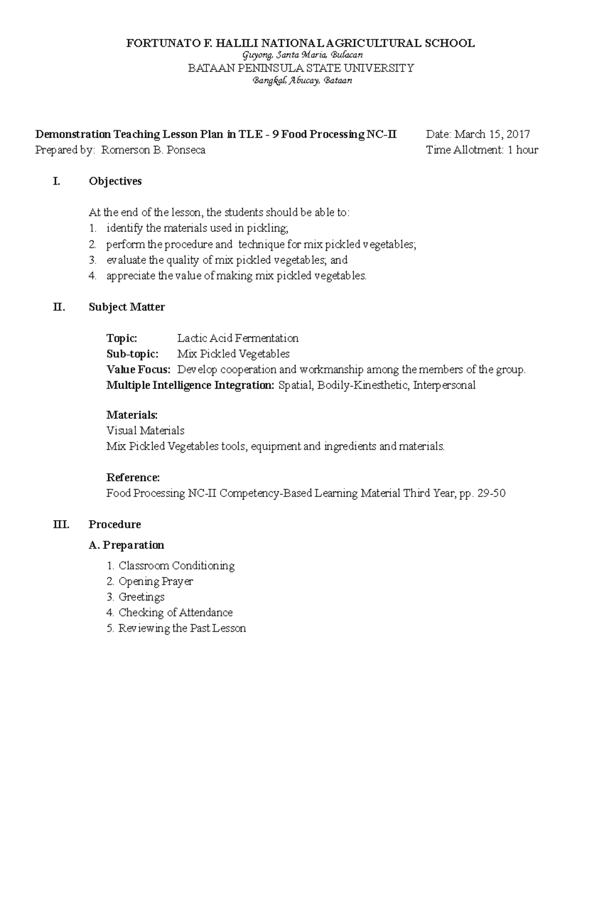 Food Processing 9 Lesson Plan.docx - Education - Studocu