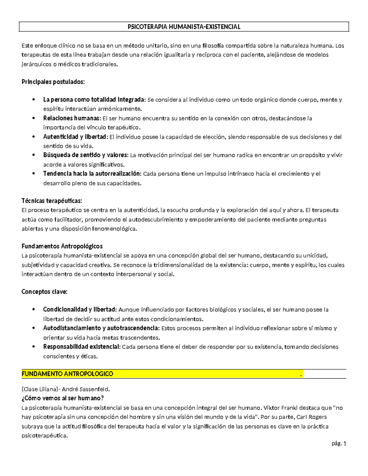 Resumen de Psicoterapia Humanista-Existencial (PSIC 101) - Studocu