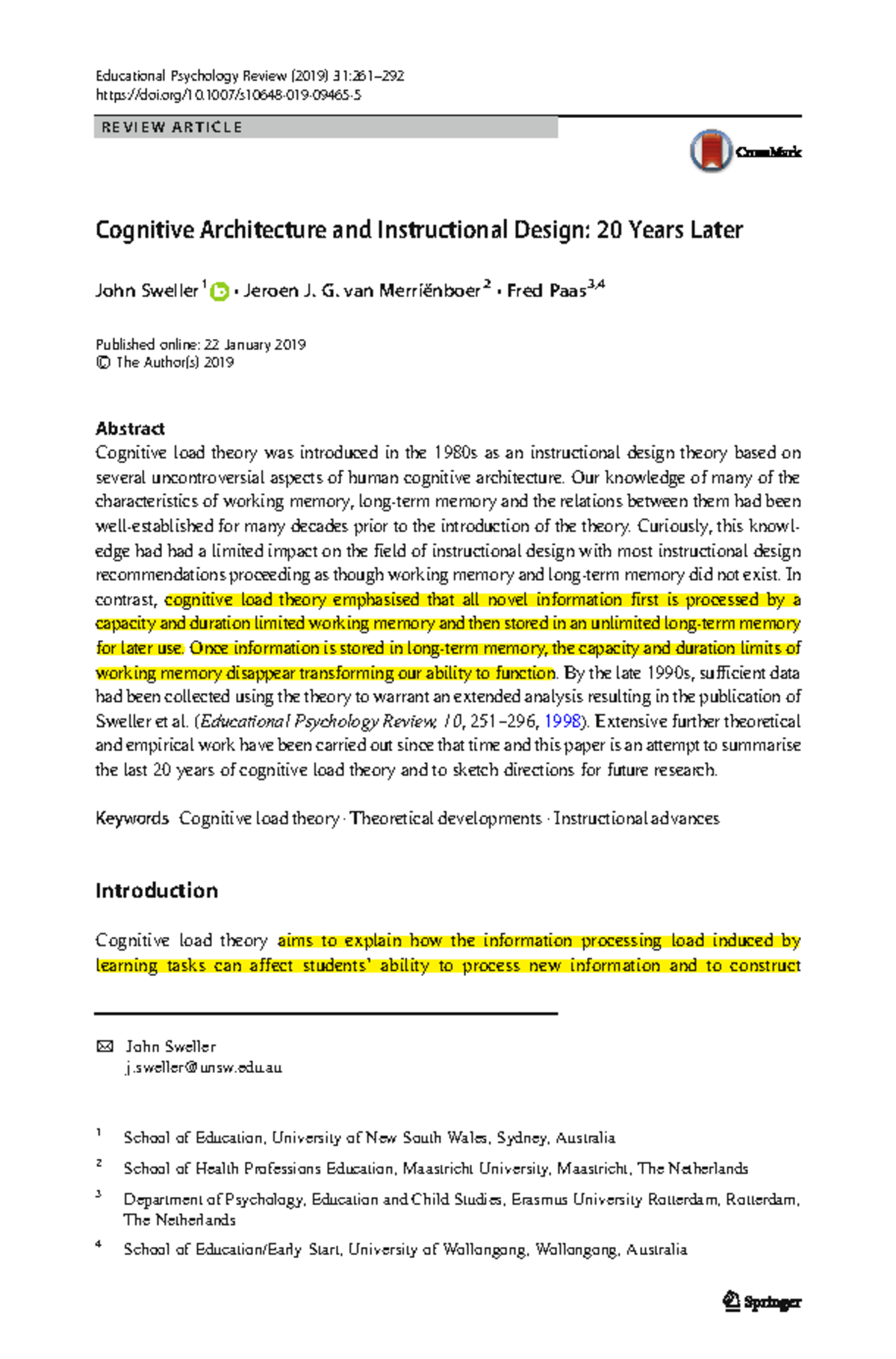 Cognitive Architecture and Instructional Design: A 20-Year Review (EDUC ...