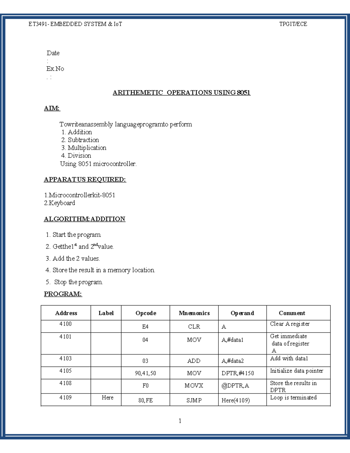 Embedded Systems IoT Design Lab: Arithmetic Operations with 8051 - Studocu