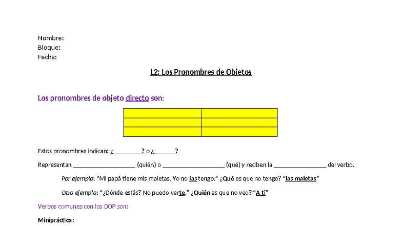 L2: Pronombres Directos e Indirectos - Explicación y Ejercicios - Studocu