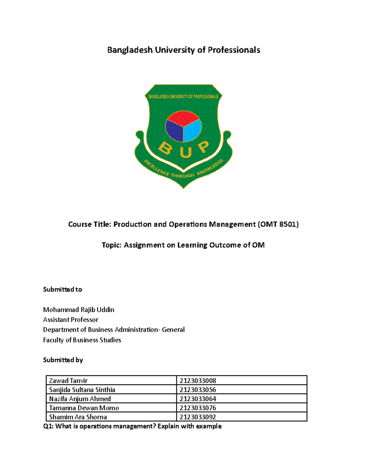 OMT 8501 Term Paper: Learning Outcomes in Production & Operations ...