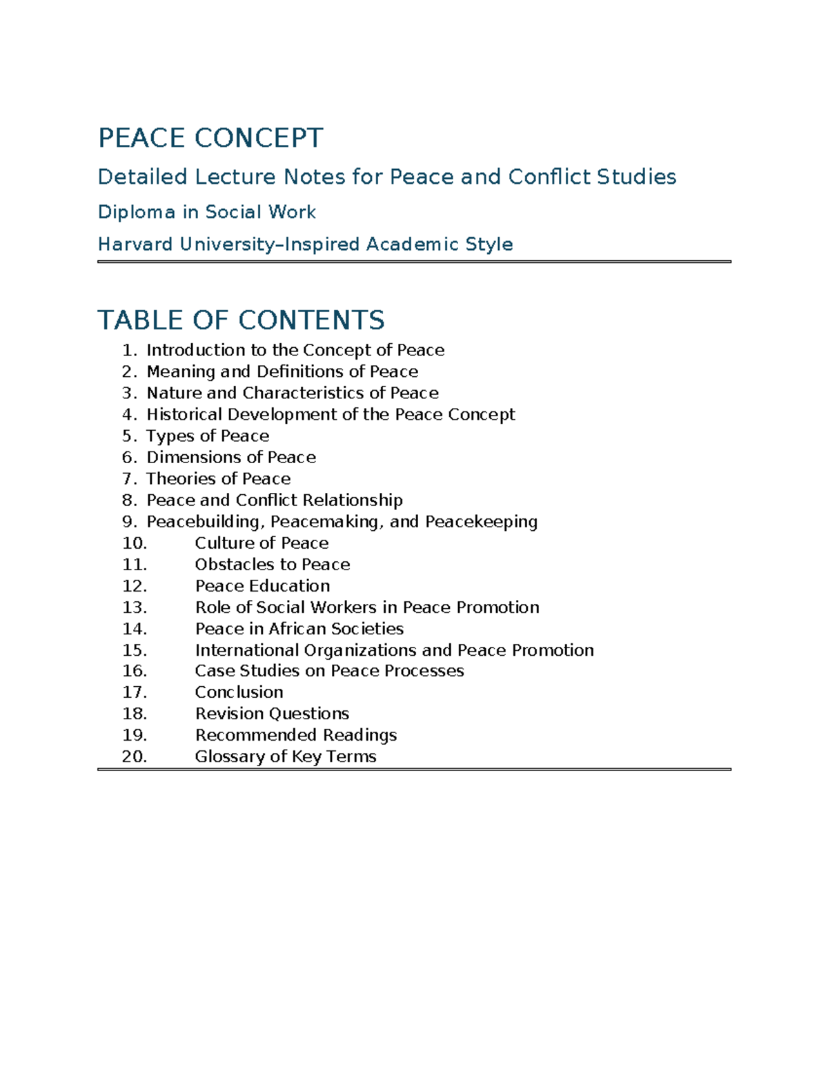 PEACE CONCEPT Lecture Notes for Peace and Conflict Studies (SW 101 ...