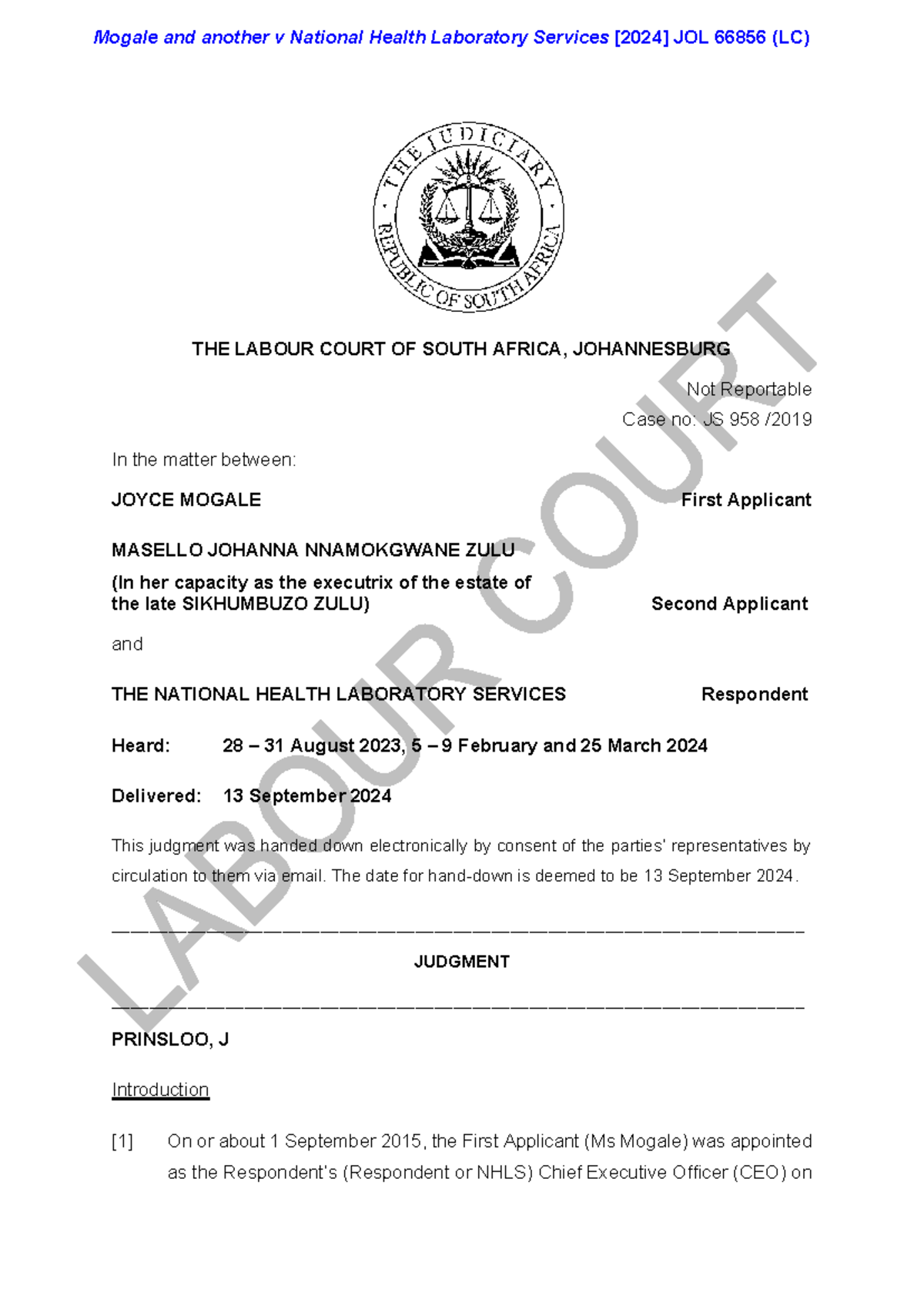 Mogale & Zulu v National Health Laboratory Services: Labour Court Case ...