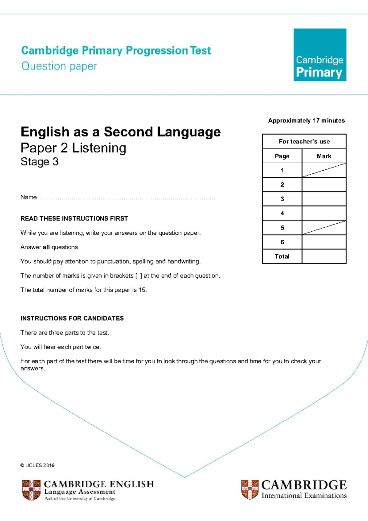 E2L Stage 3 Listening Paper 2 Instructions & Questions - Studocu
