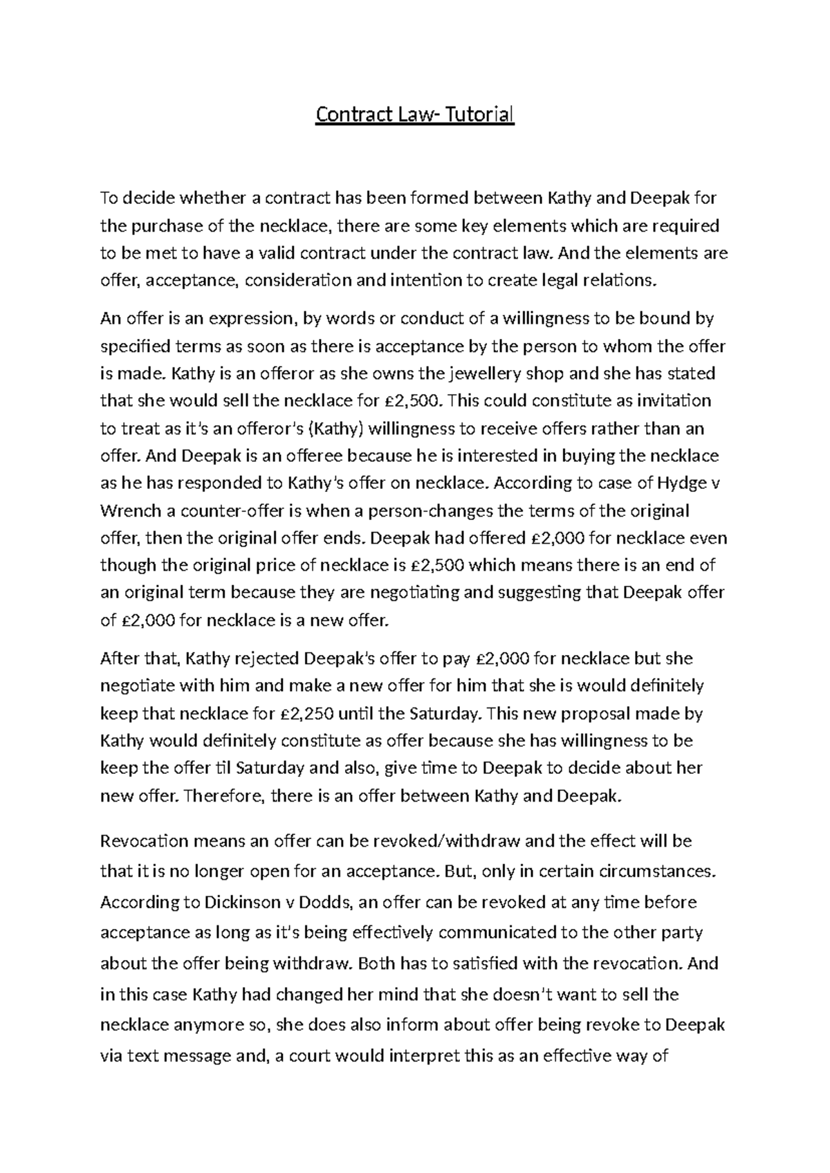 Contract Law Tutorial: Formation of Contracts in Sale Transactions - Studocu