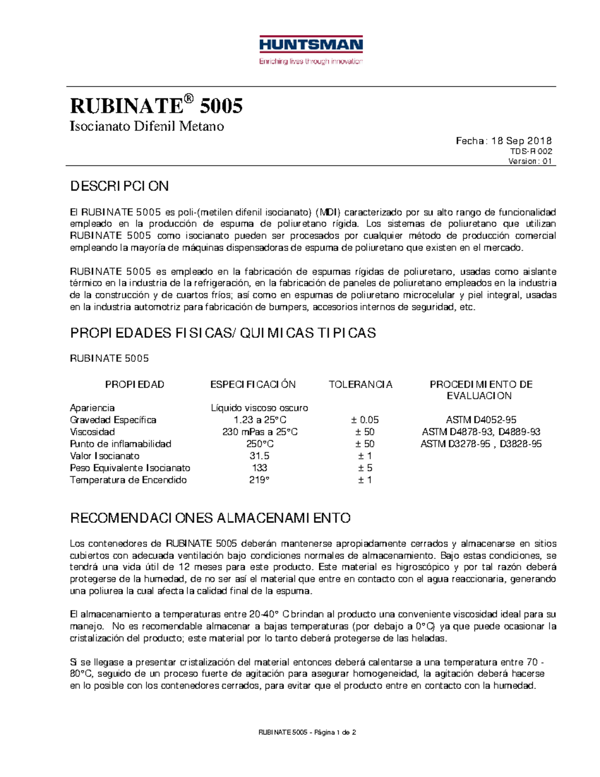 Ficha Técnica de Rubinate 5005 - Isocianato Difenil Metano TDS-R 002 ...