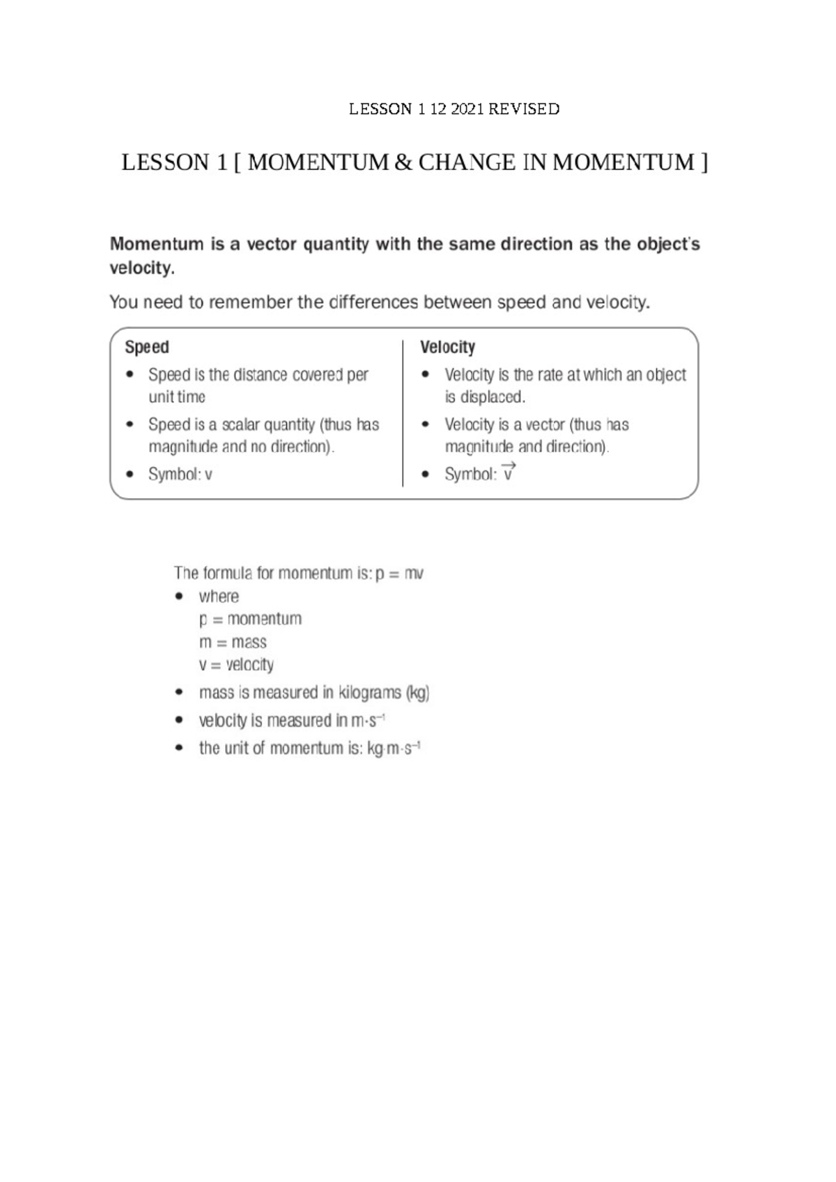 Momentum and Change in Momentum - Lesson 1 (Revised) - Studocu
