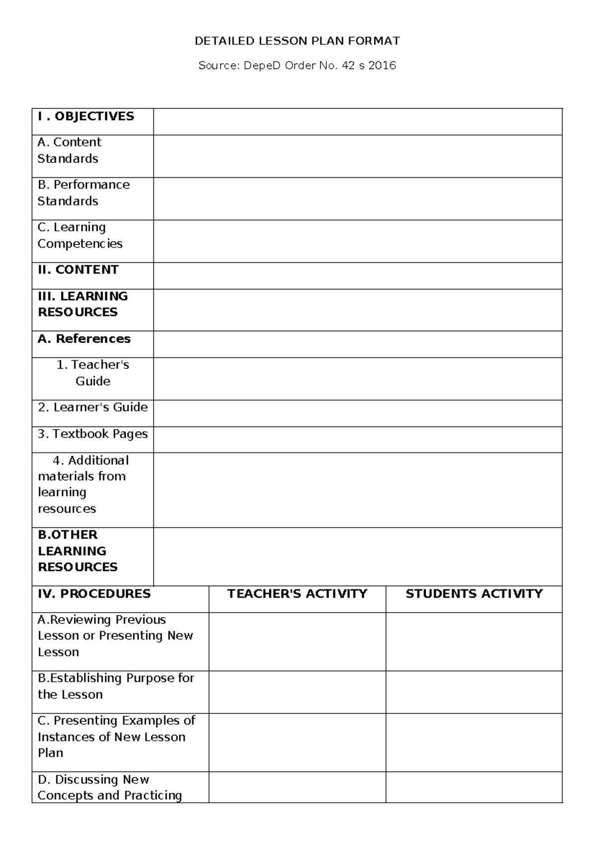 DEPed Lesson Plan Template: Detailed Format Guide - Studocu