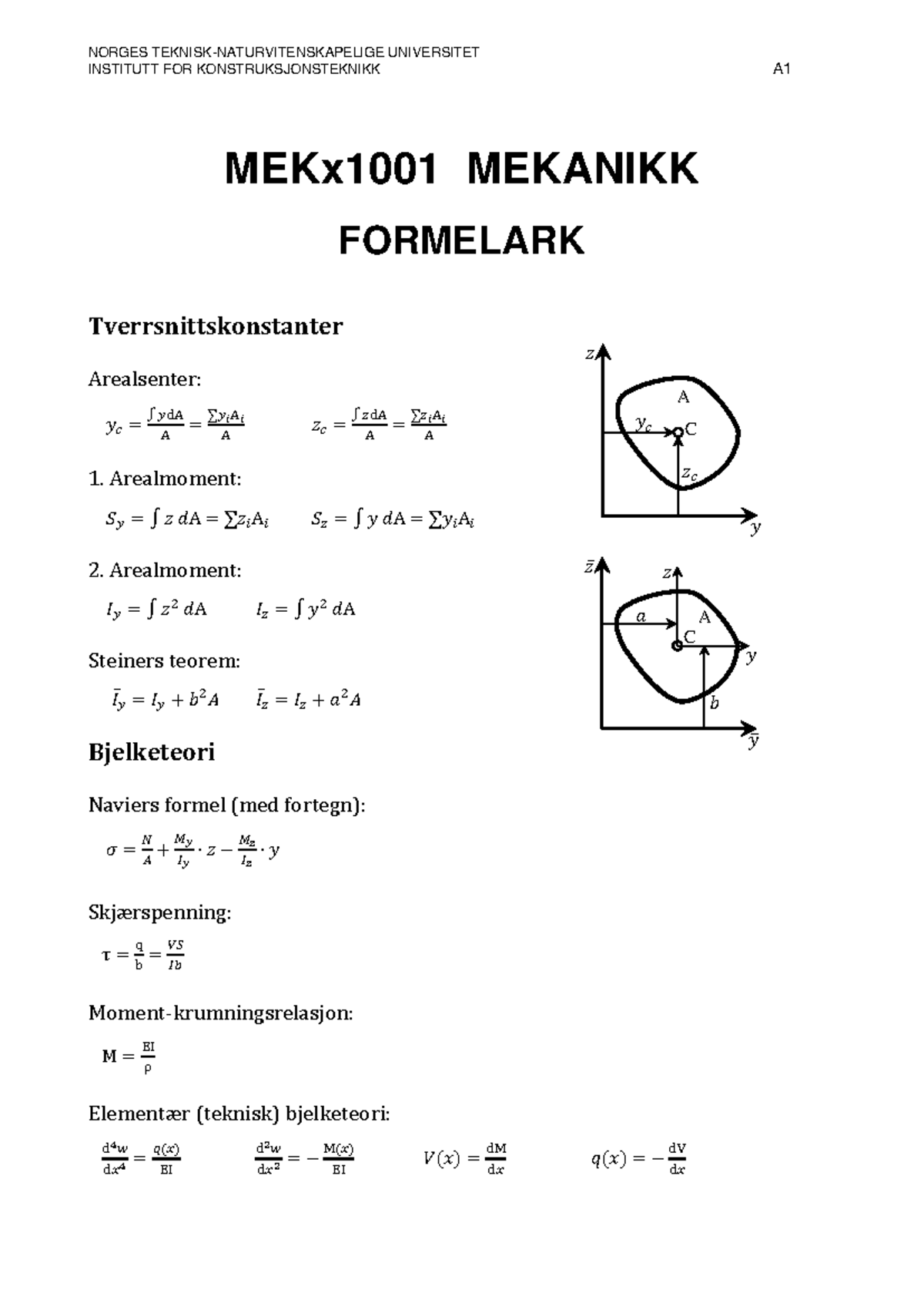 Formelark - MEKx1001 Mekanikk med Tverrsnittskonstanter - Studocu