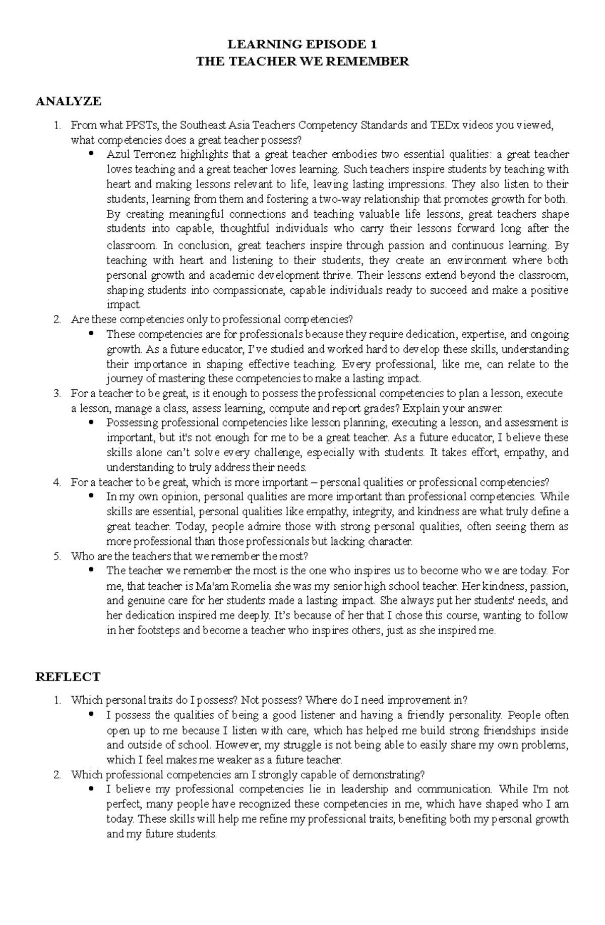 FS2 EP1 - Field Study 2 Ep1 - LEARNING EPISODE 1 THE TEACHER WE REMEMBER ANALYZE 1. From what ...