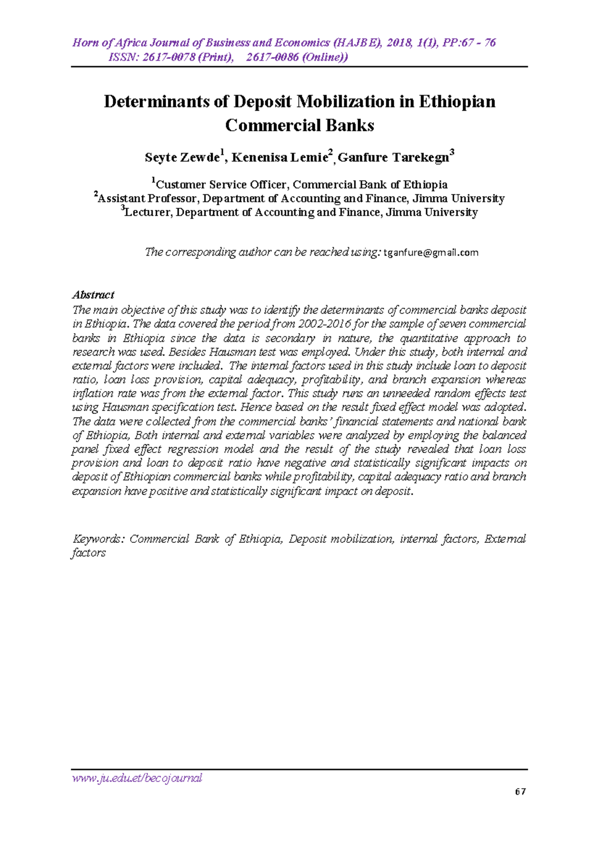Determinants of Deposit Mobilization in Ethiopian Banks (HAJBE 2018 ...