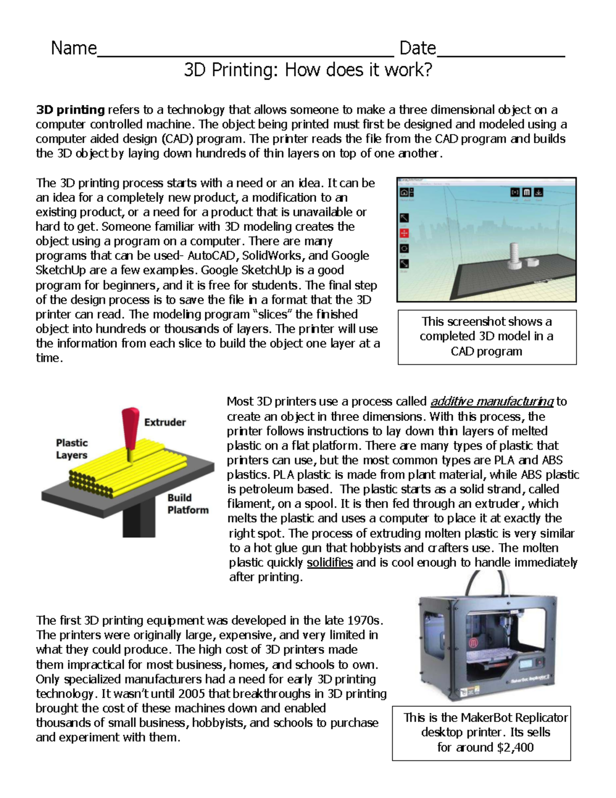 3D Printing: How It Works - Reading Passage and Questions (ENG 101 ...