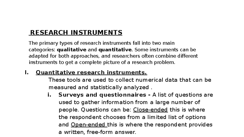 RESEARCH INSTRUMENTS: Qualitative & Quantitative Tools Overview - Studocu