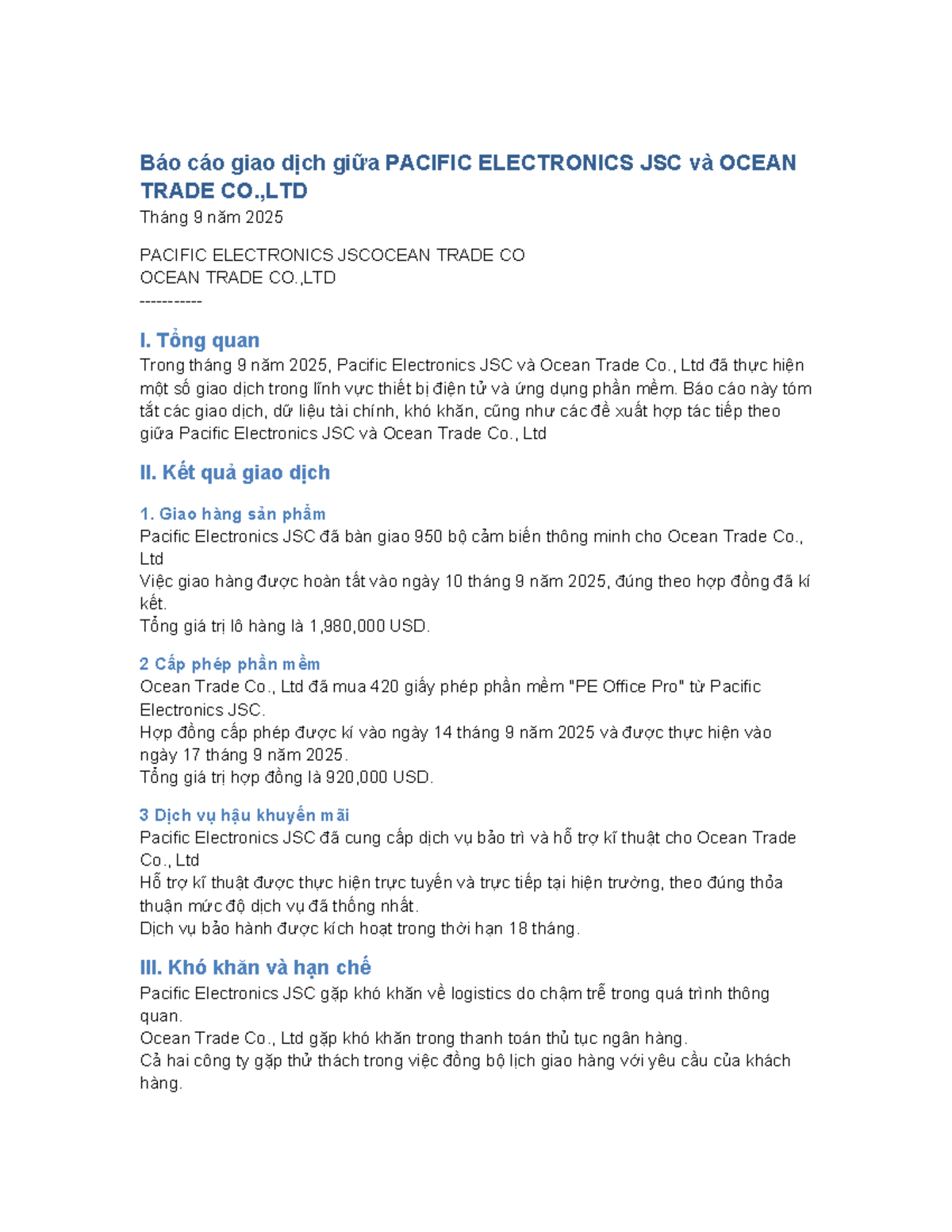Báo cáo giao dịch tháng 9/2025 giữa PACIFIC ELECTRONICS JSC và OCEAN ...