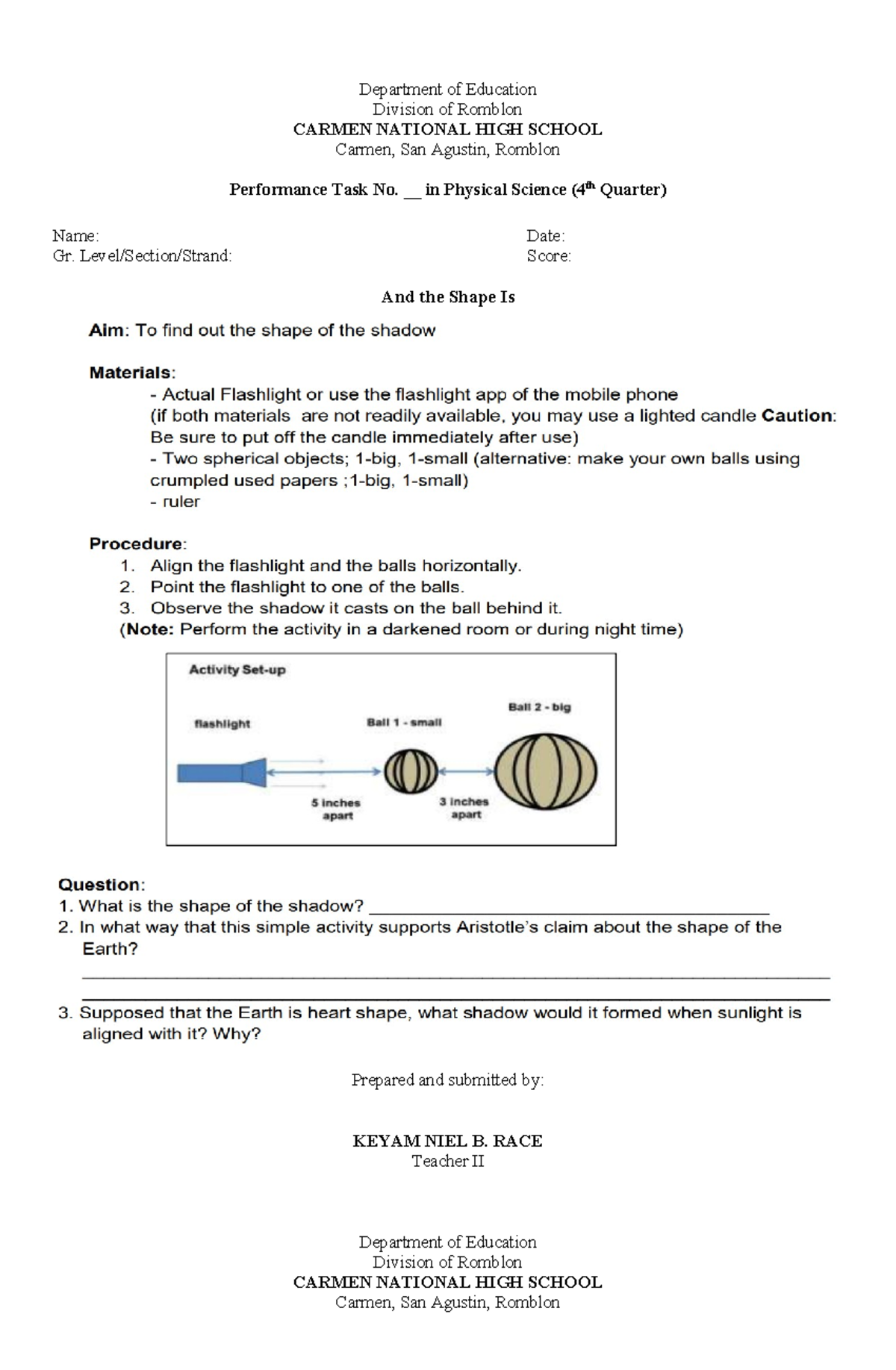 Performance Task No. 1 (Physical Science 2nd qtr) - Division of Romblon ...