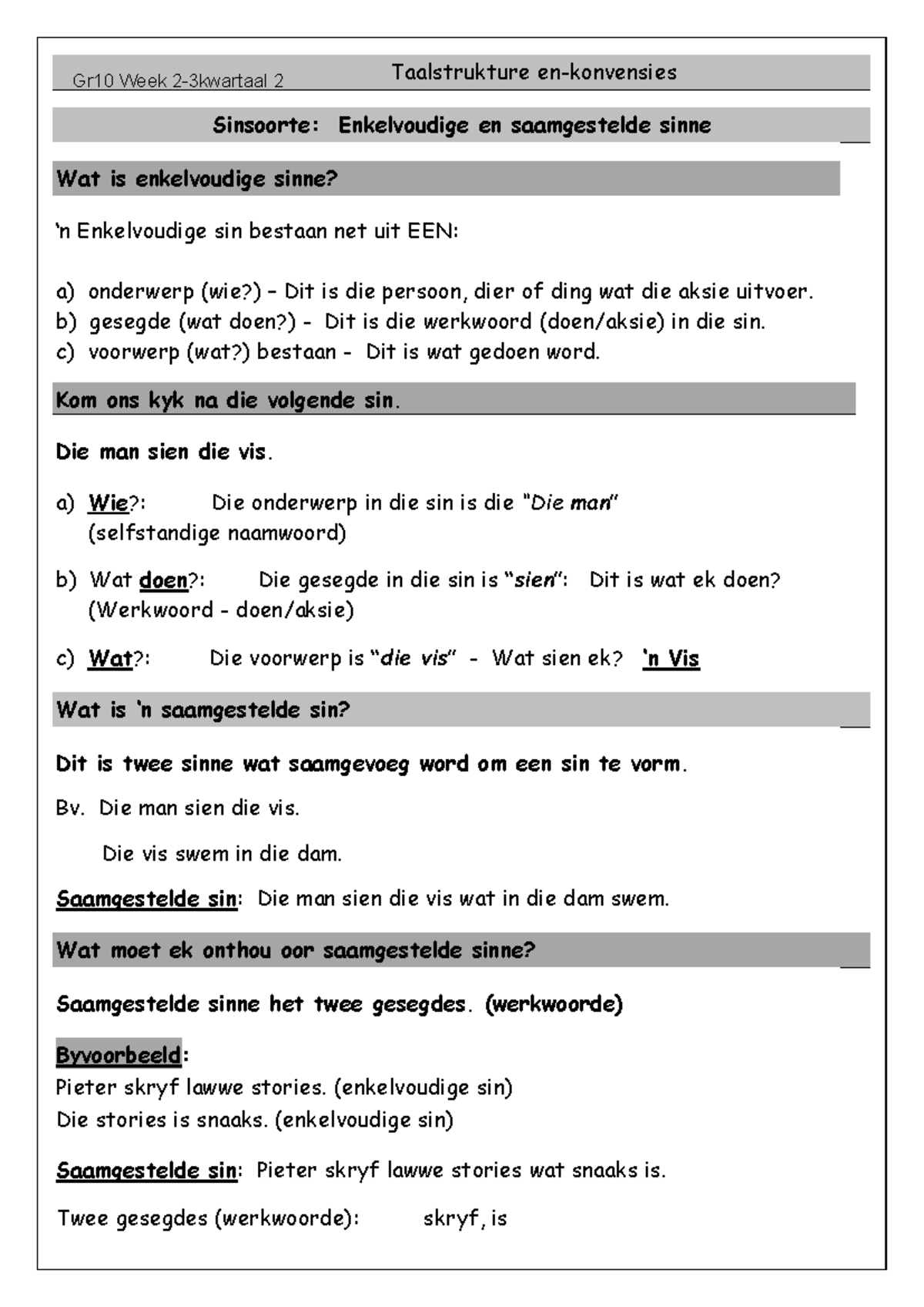 Gr10 Taalstrukture: Enkelvoudige en Saamgestelde Sinne Oefeninge - Studocu