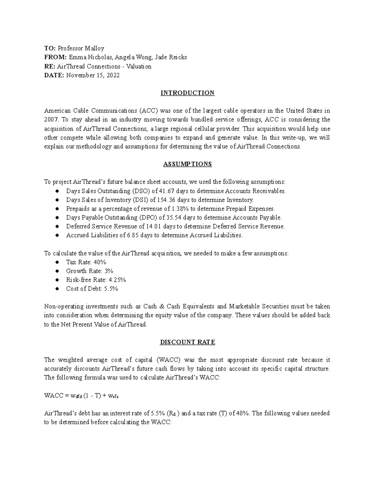 AirThread Connections Valuation Case Study for ACC Acquisition - Studocu