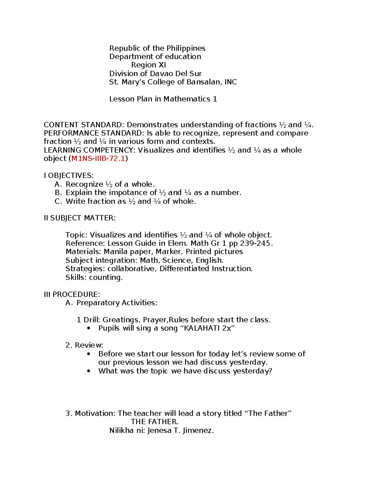 MATH- Lesson Plan on Understanding Fractions for Grade 1 - Studocu