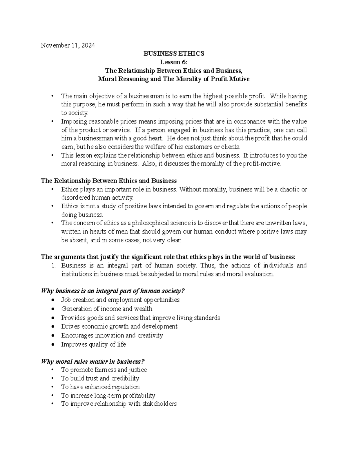 Lesson-6 - Yayays - November 11, 2024 BUSINESS ETHICS Lesson 6: The ...