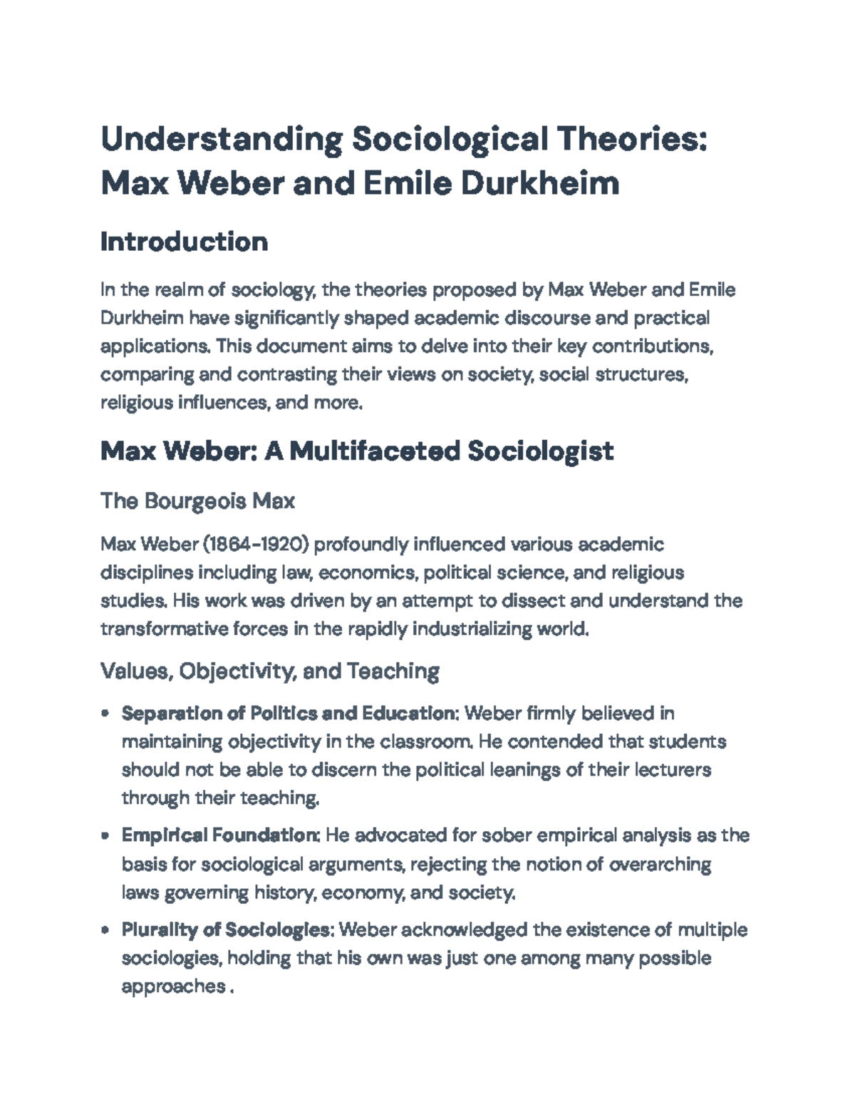 Comparative Analysis of Sociological Theories by Weber & Durkheim ...