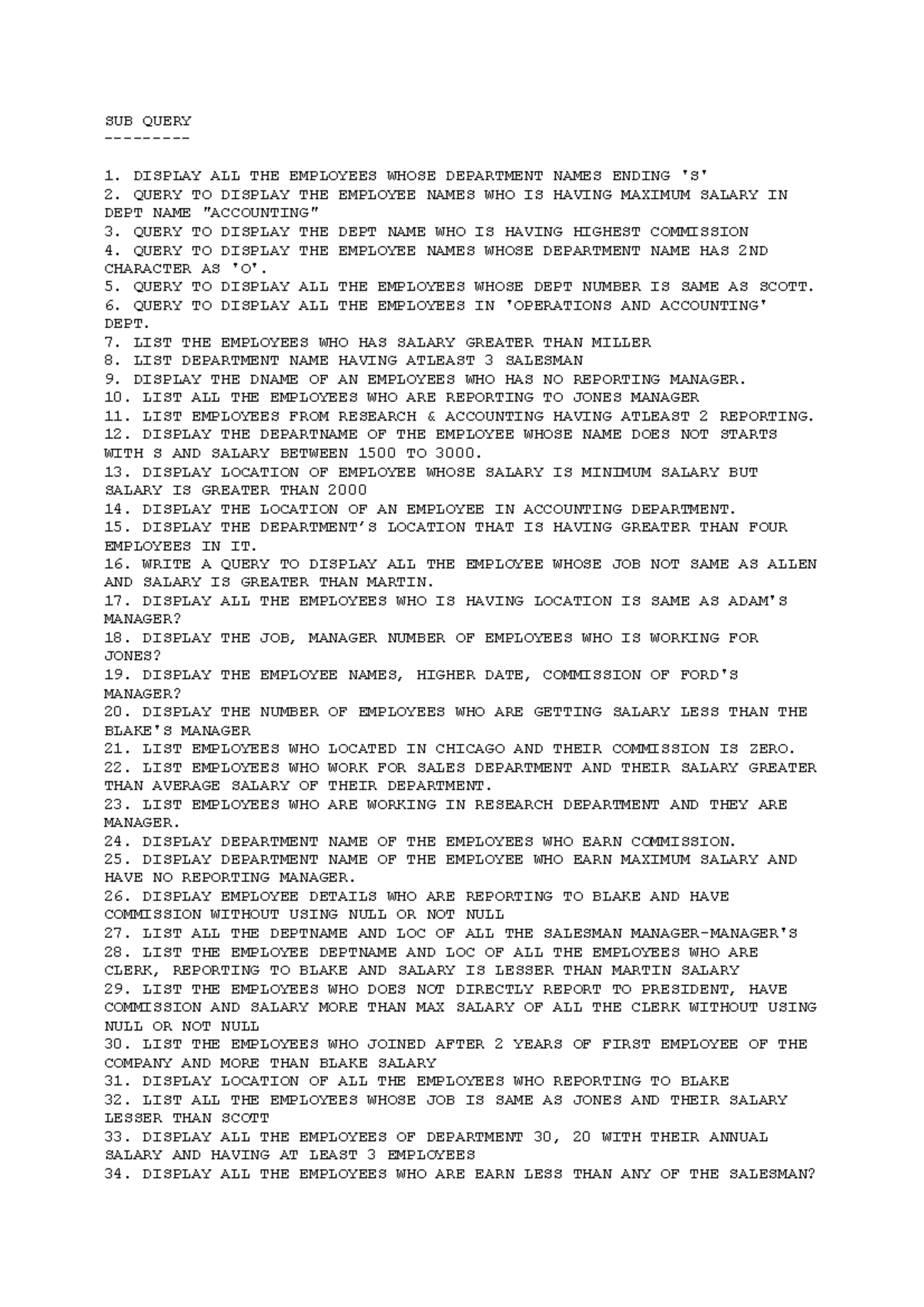 SQL Queries Full List for Employee Data Analysis - SQL 101 - Studocu