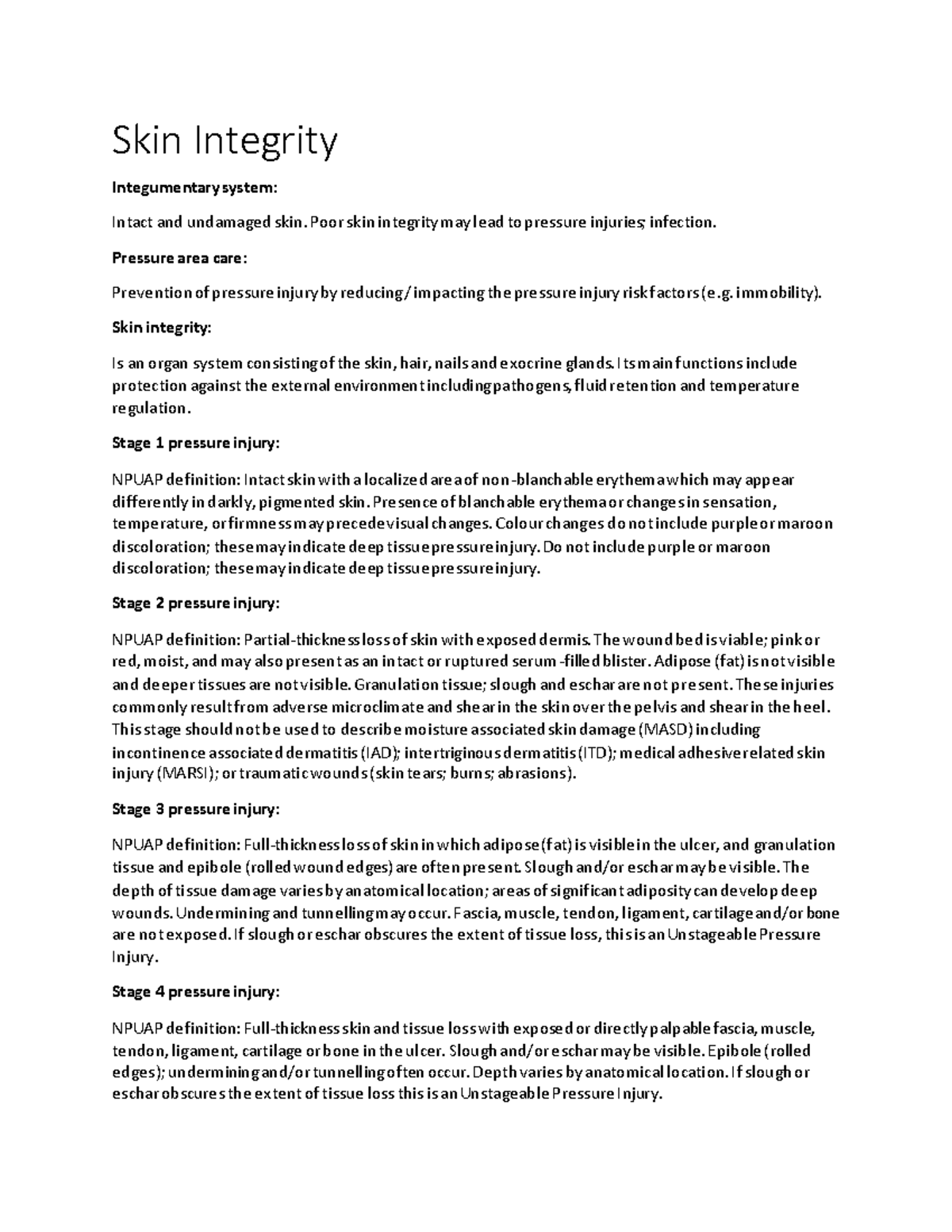 Skin Integrity and Pressure Injury Care: NPUAP Staging Overview - Studocu