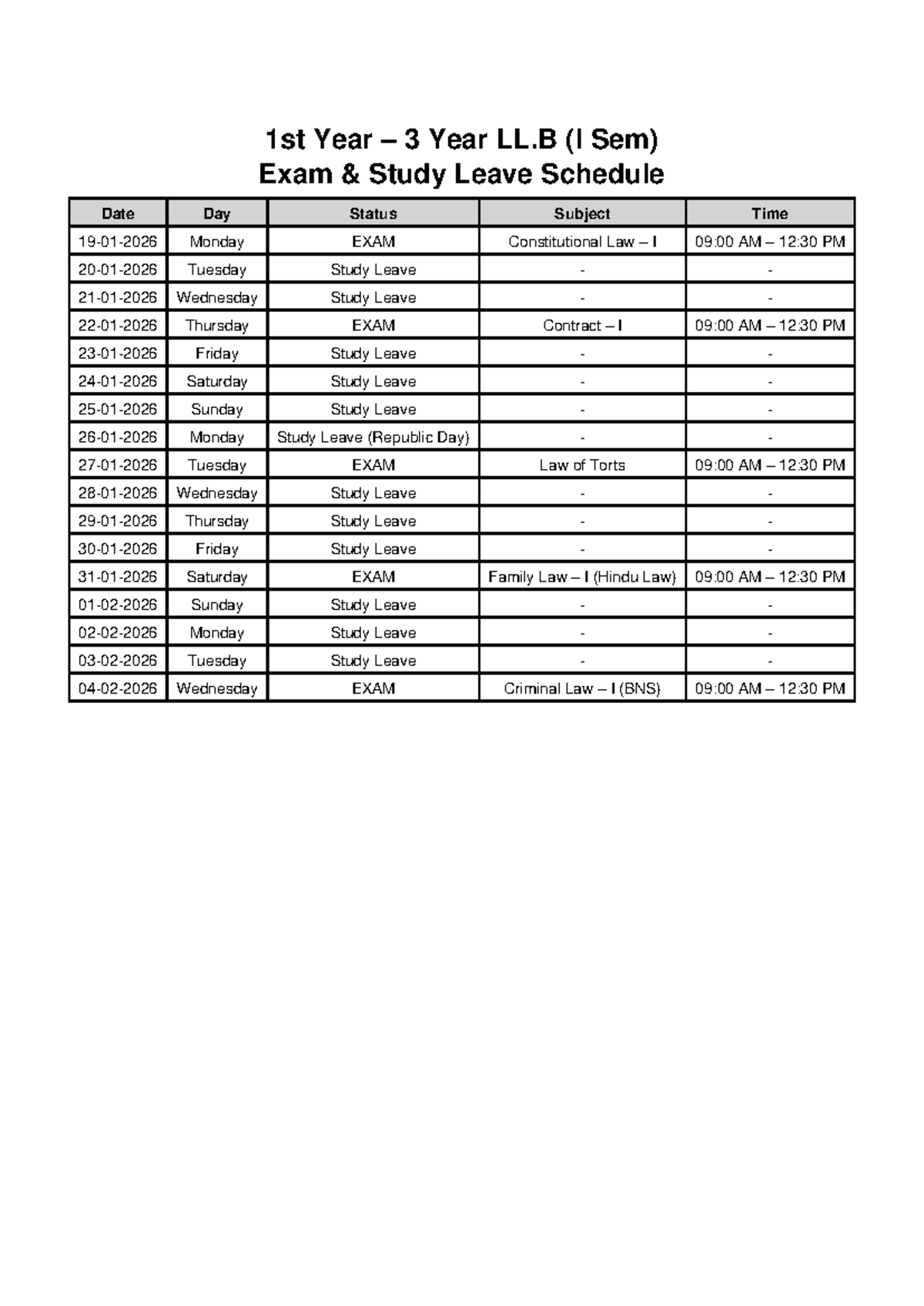 1st Year LL.B (I Sem) Exam Study Leave Schedule - Studocu
