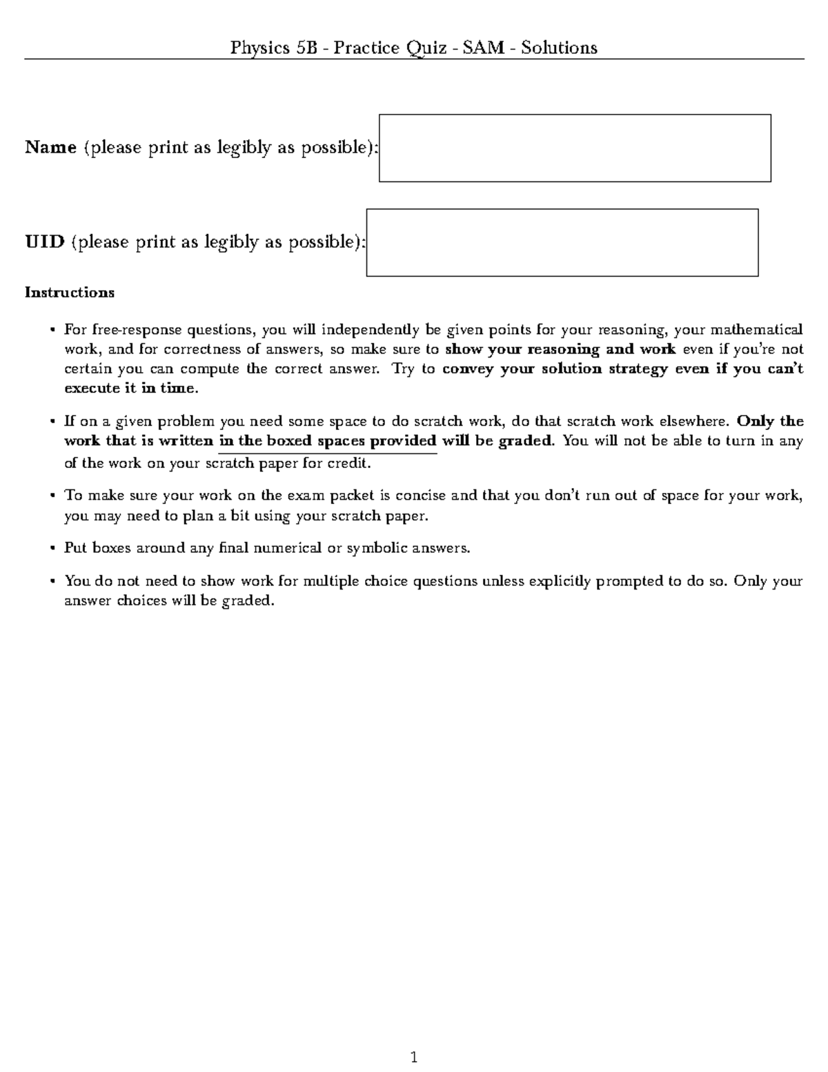 Physics 5B Practice Quiz SAM Solutions and Explanations - Studocu