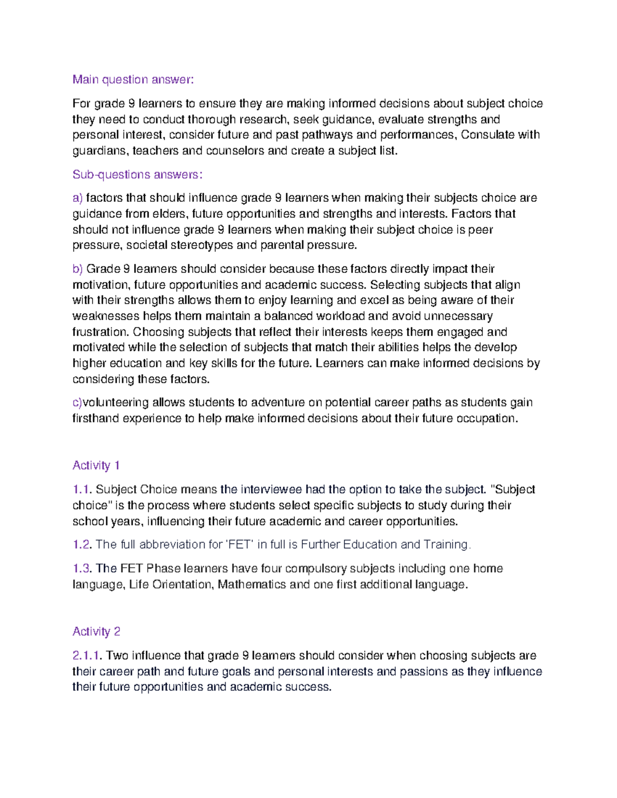 Grade 9 Subject Choice Guide: Making Informed Decisions for Future ...