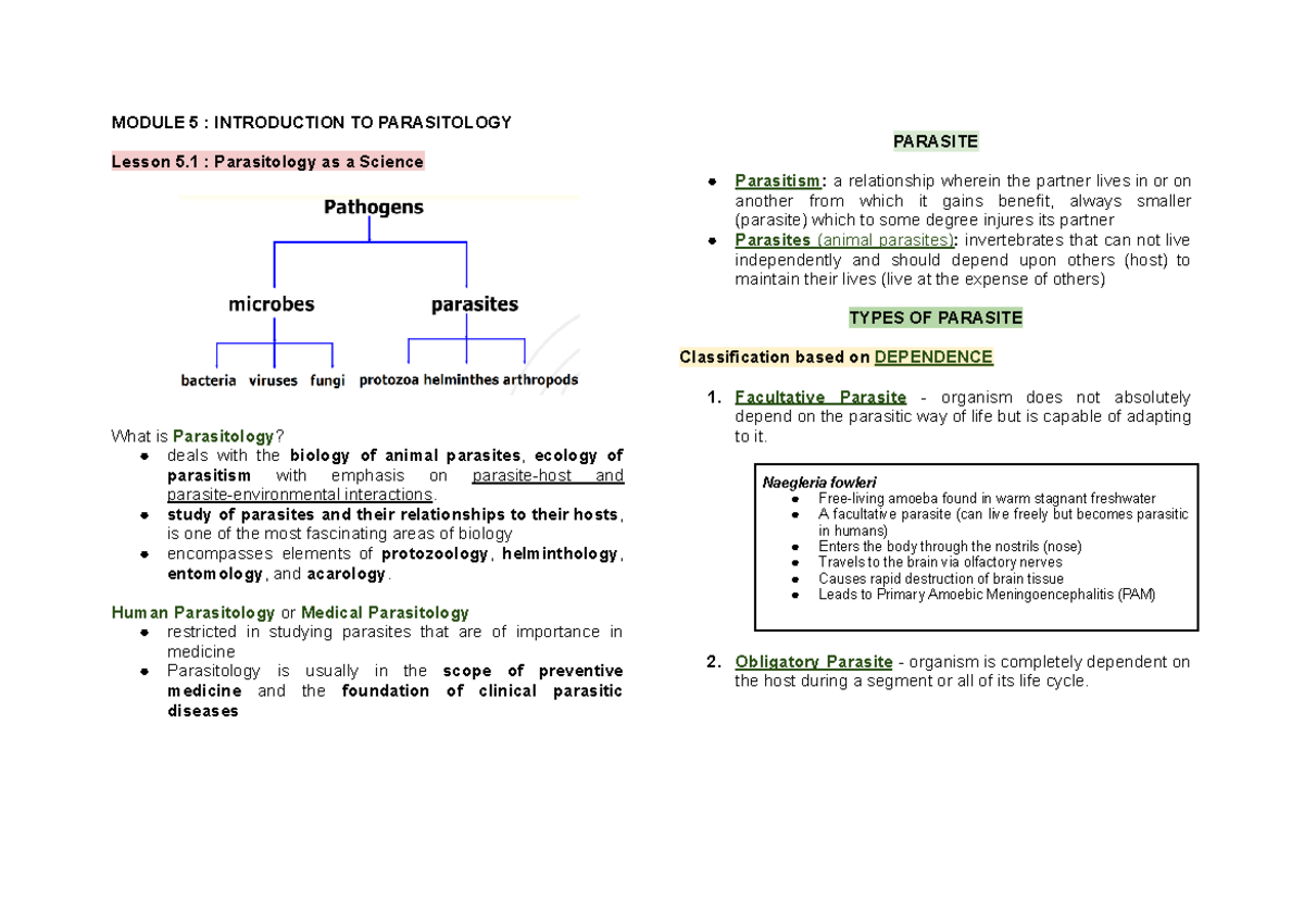 MODULE 5: Lesson 5.1 - Introduction to Parasitology as a Science - Studocu