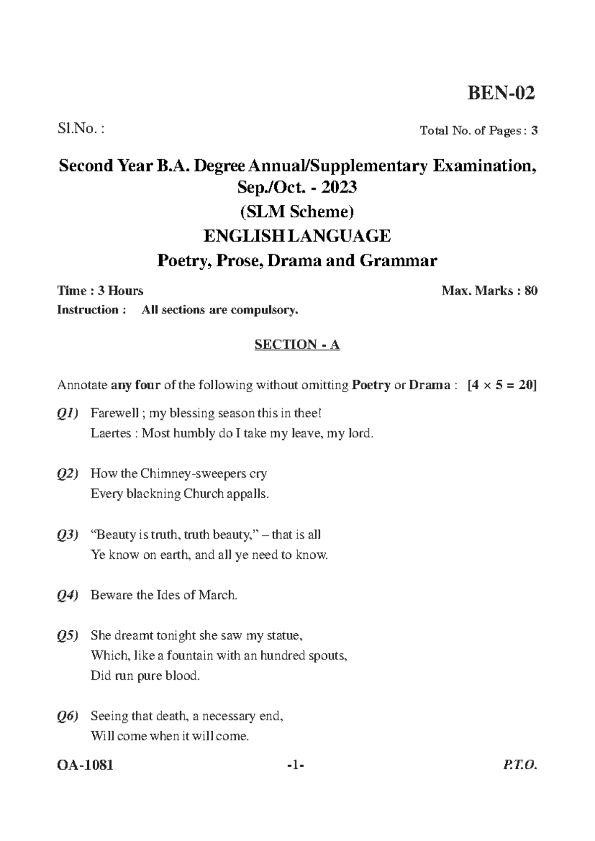 BEN-02 Final Exam: English Language Poetry, Prose, Drama & Grammar ...